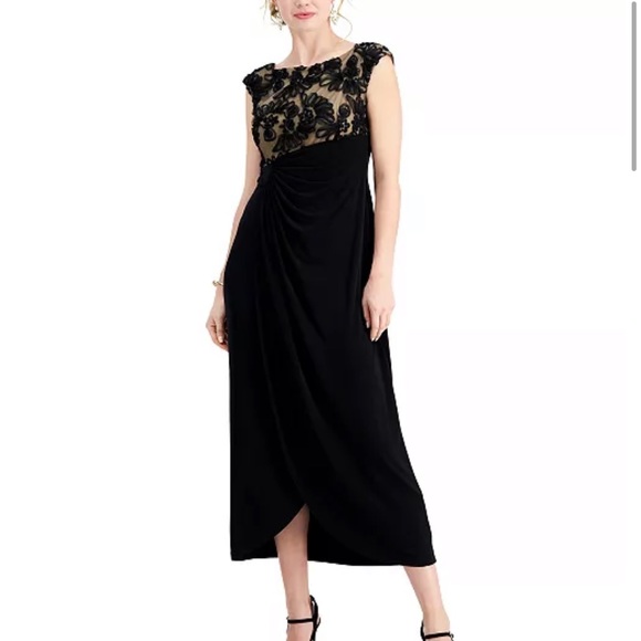 connected apparel | Dresses | Connected Embroidered Mesh Fauxwrap Gown ...